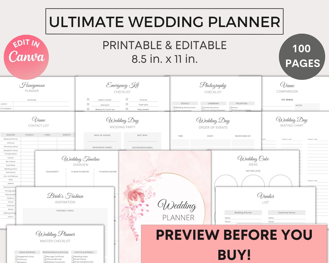 Minimalist Wedding Planner Printable, Editable Wedding Planner, Canva ...