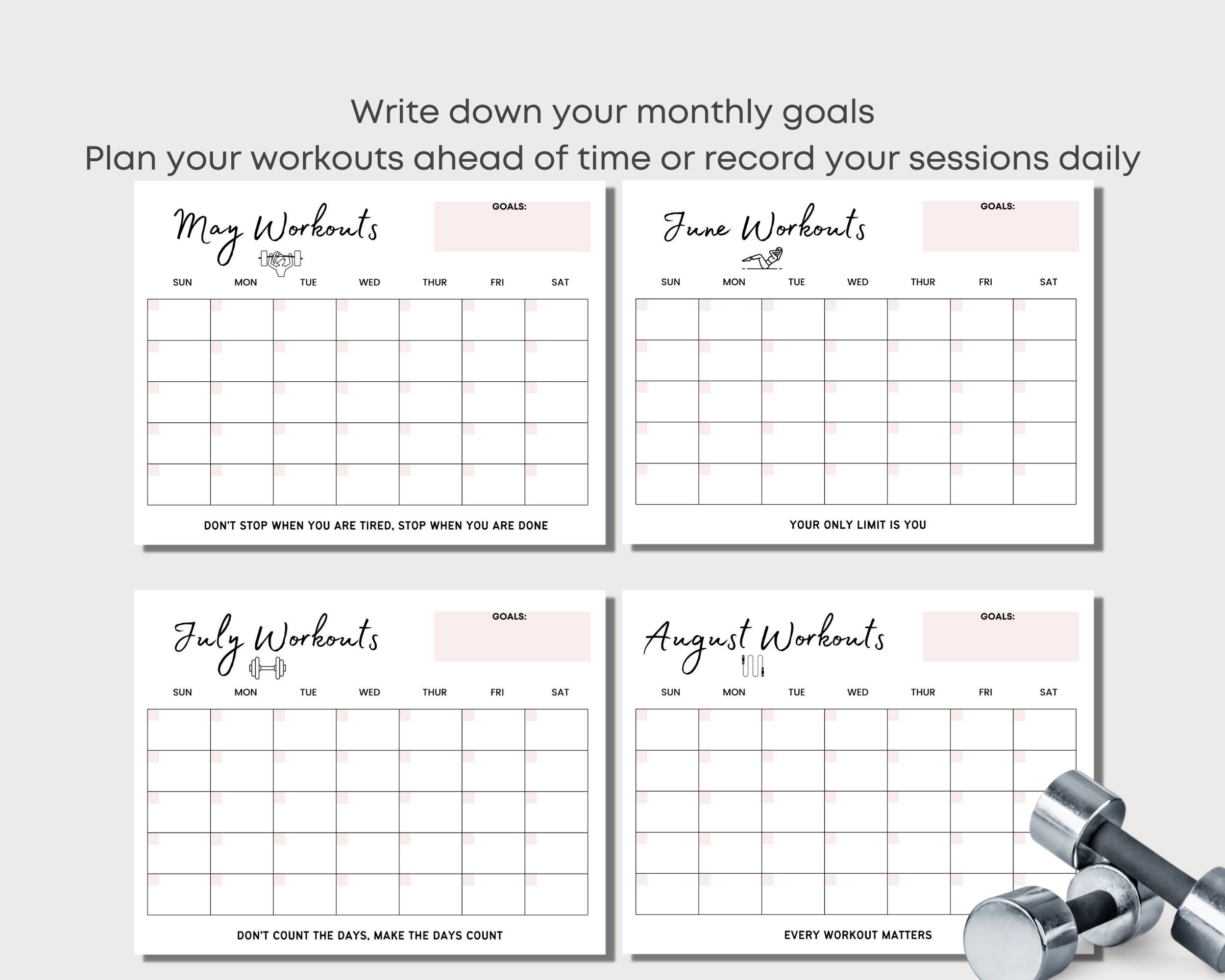 Printable Monthly Workout Calendar, Undated, Fitness Tracker, Workout ...