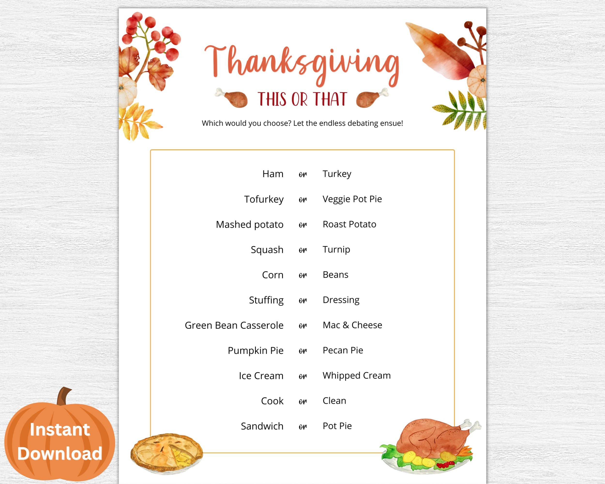 Thanksgiving This or That Printable, This or That Game, Thanksgiving ...