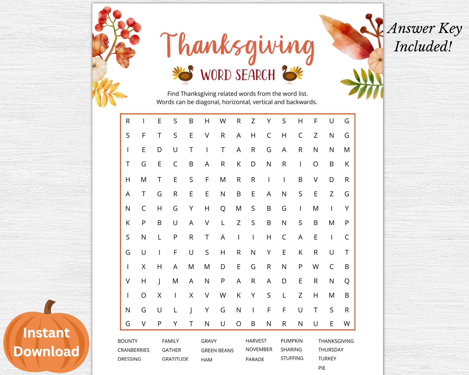Thanksgiving Word Search Printable, Word Search, Word Find ...