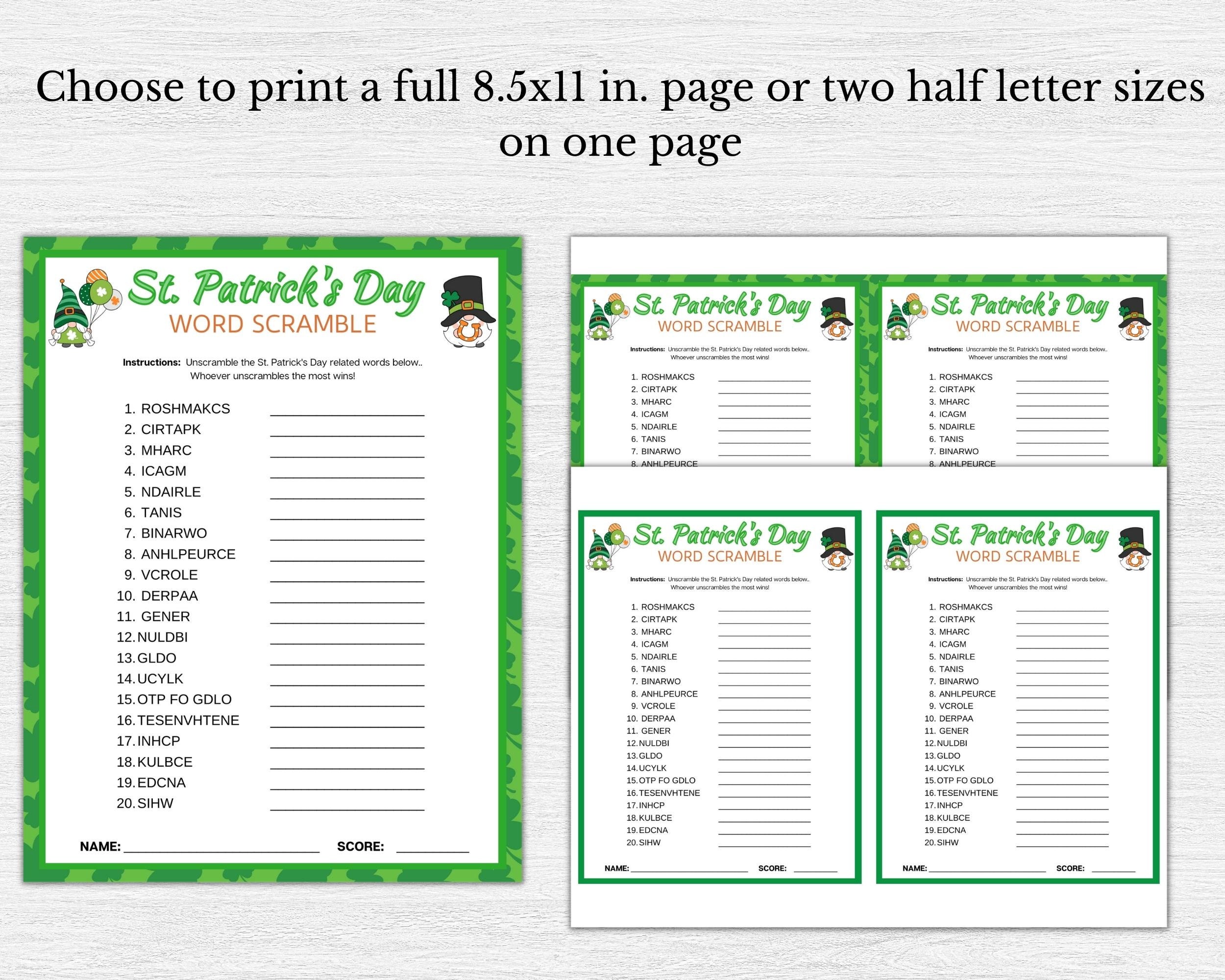 St. Patrick's Word Scramble Printable, St. Patty's Games, St. Patrick's ...