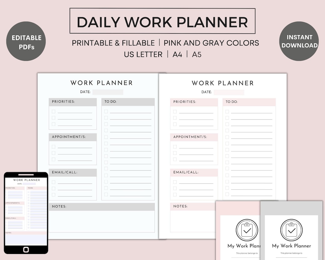 Daily Work Planner Printable, Minimalist Work Planner, Productivity ...