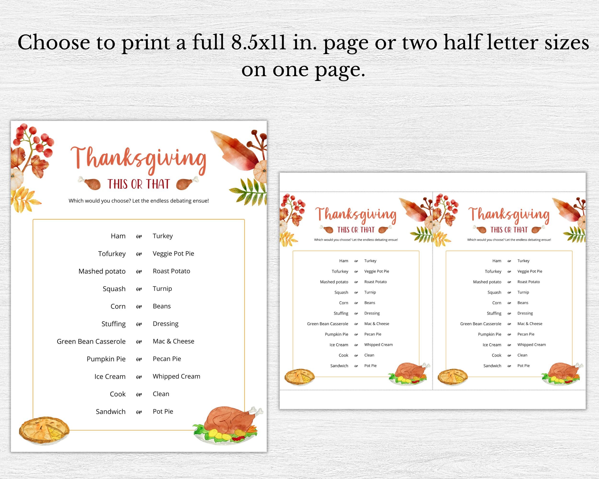 Thanksgiving This or That Printable, This or That Game, Thanksgiving ...