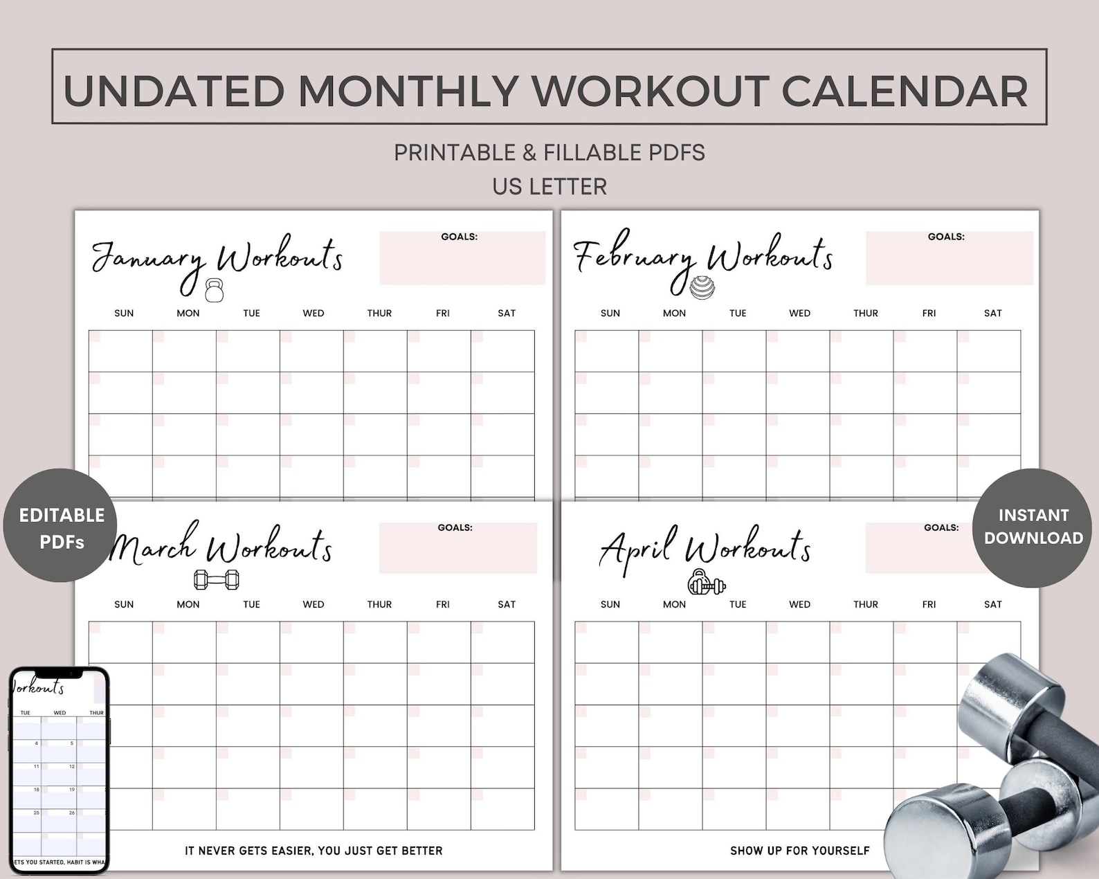 Printable Monthly Workout Calendar, Undated, Fitness Tracker, Workout ...
