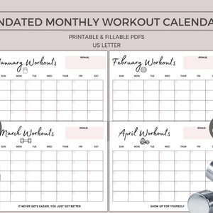 Printable Monthly Workout Calendar, Undated, Fitness Tracker, Workout ...
