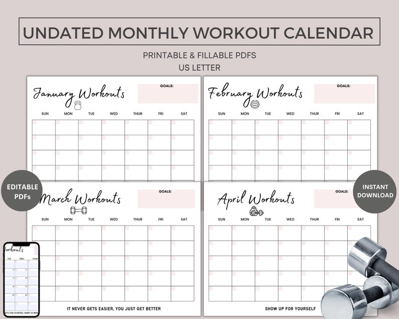 Printable Monthly Workout Calendar, Undated, Fitness Tracker, Workout ...