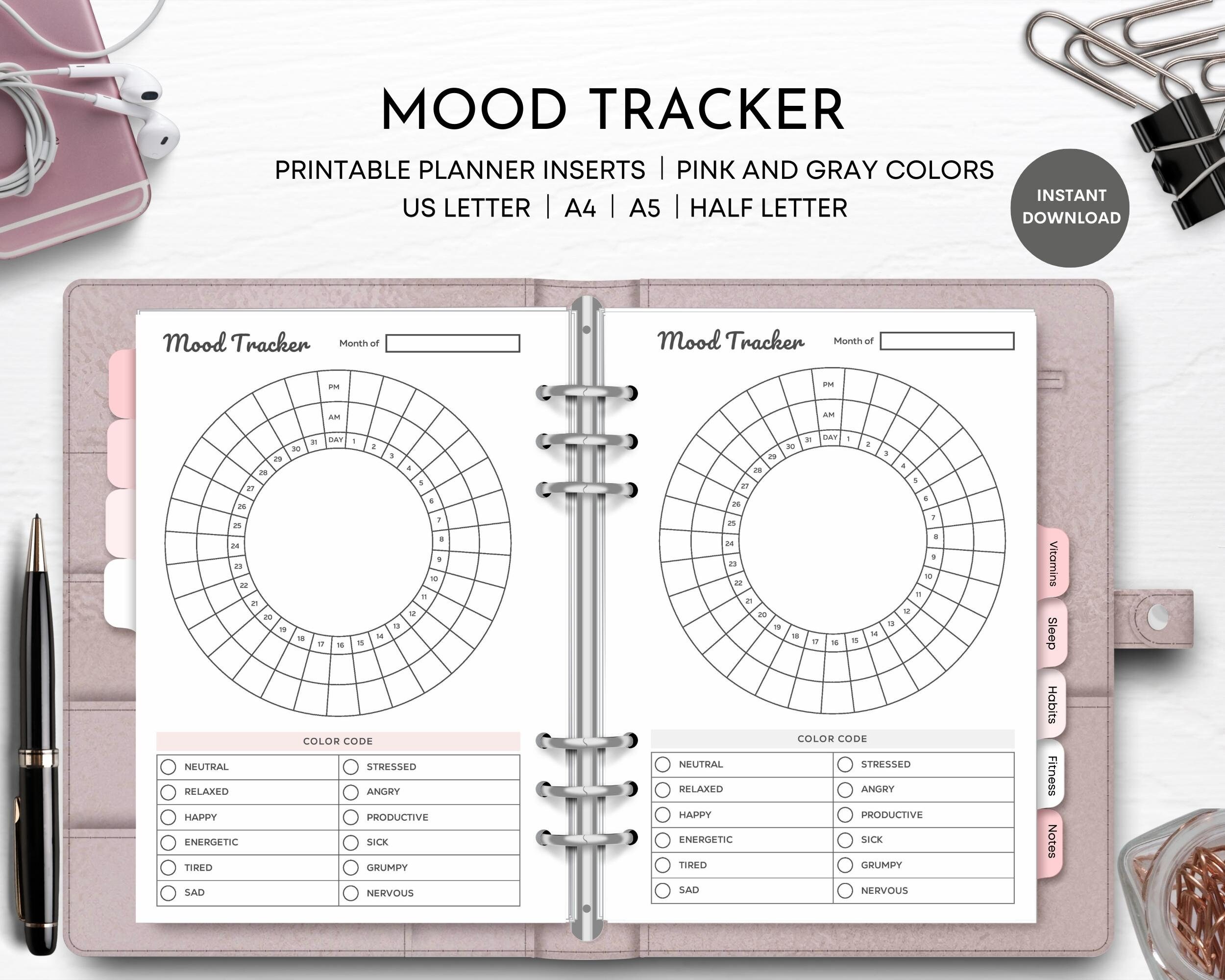 Mood Tracker Printable, Monthly Mood Tracker, Planner Inserts, US ...
