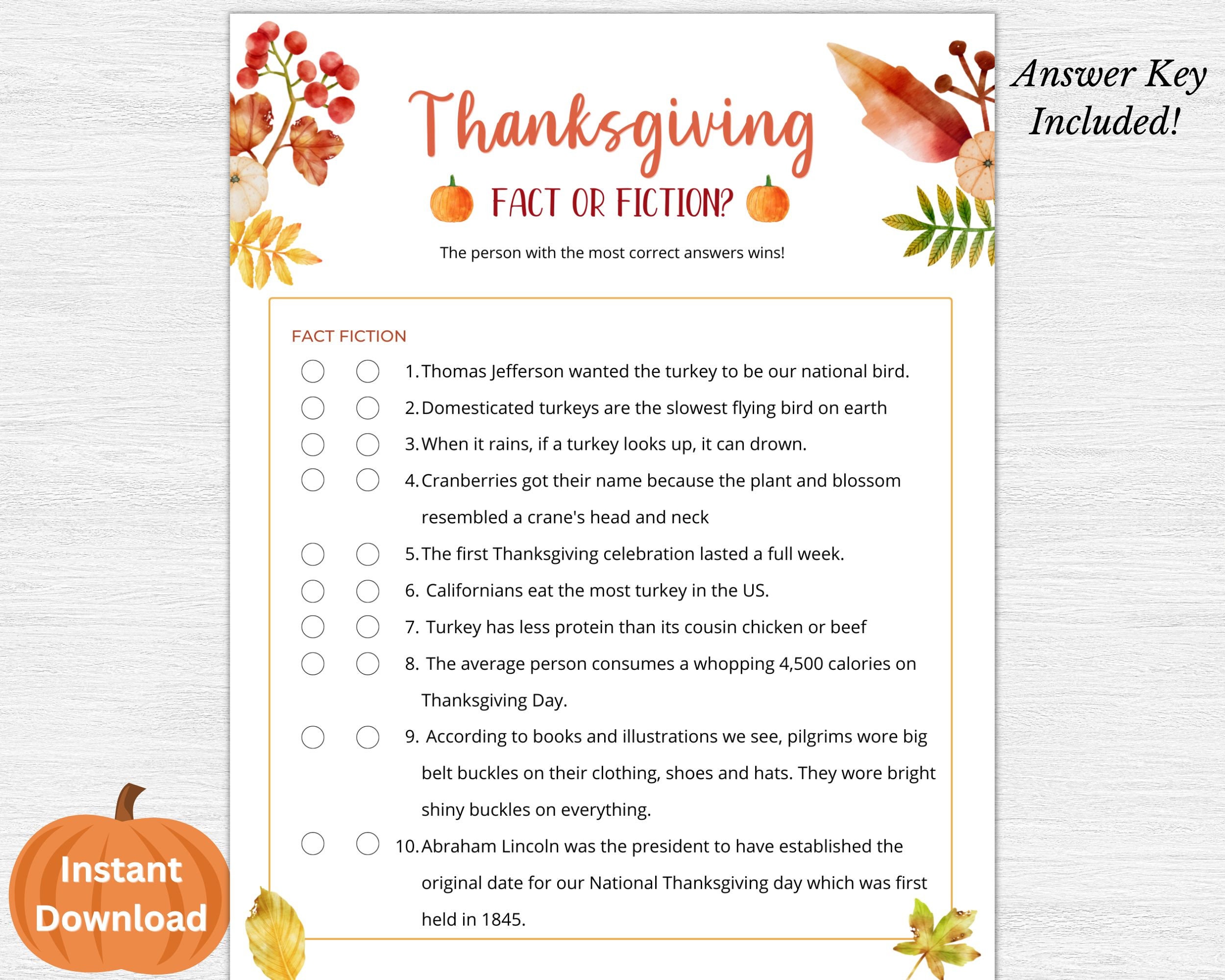 Thanksgiving Fact or Fiction Printable, Fact of Fiction Game ...