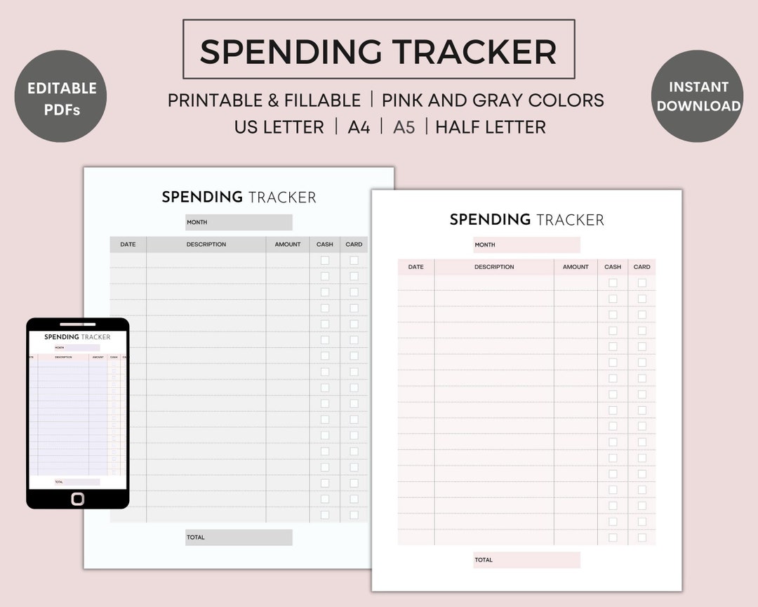 Monthly Spending Tracker, Spending Log, Editable and Fillable PDF, US ...