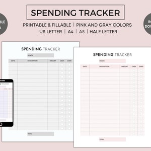 Monthly Spending Tracker, Spending Log, Editable and Fillable PDF, US ...