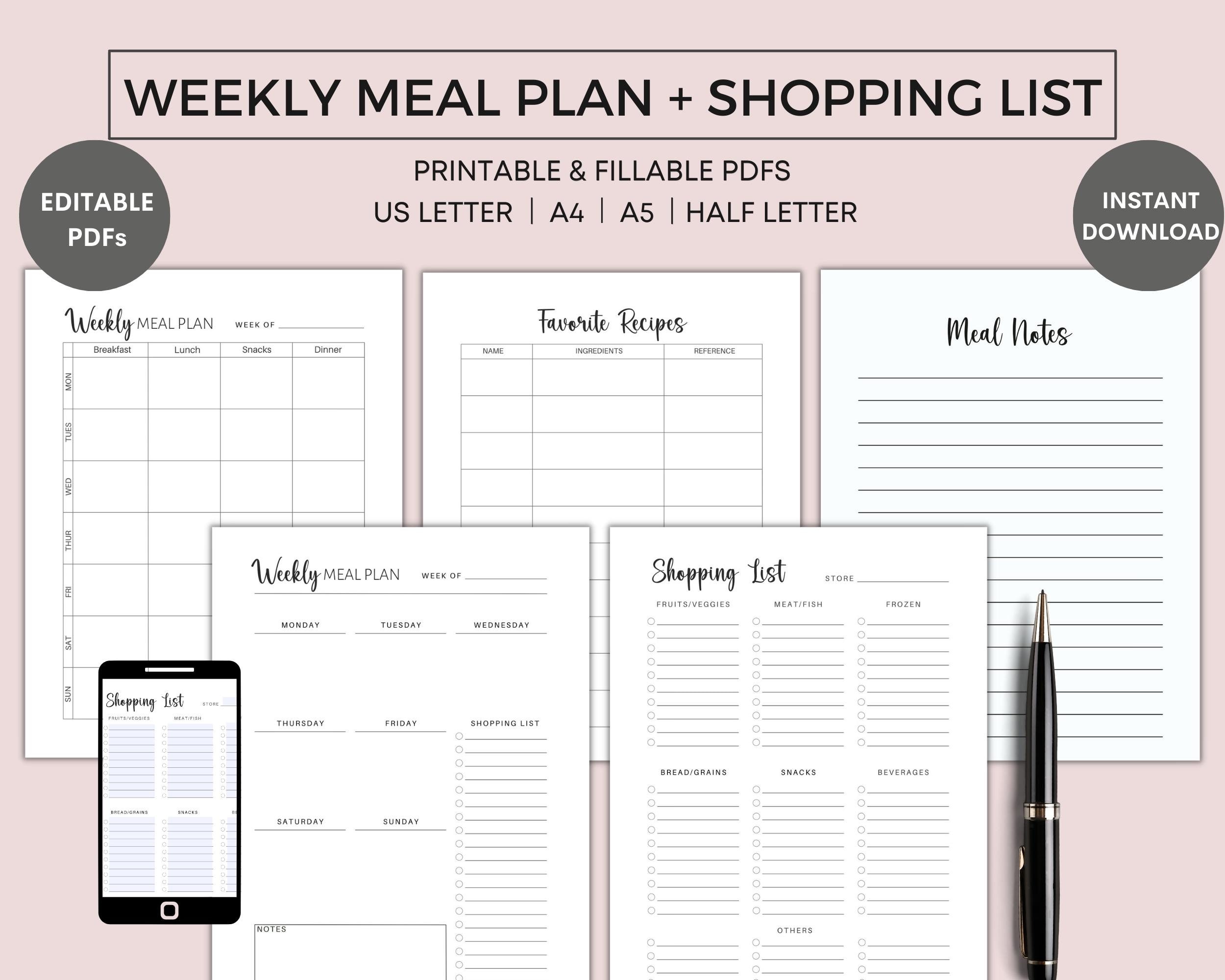 Weekly Meal Planner Printable, Grocery Shopping List Template, Fillable ...