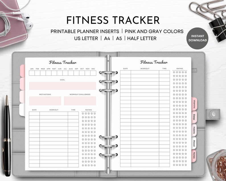 Fitness Tracker Printable, Workout Tracker, Planner Inserts, US Letter ...