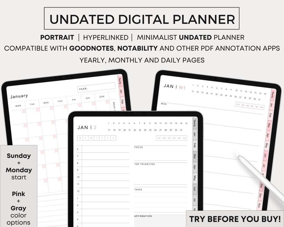 Undated Digital Planner Portrait Style Digital Planner - Etsy