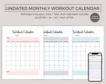 Printable Monthly Workout Calendar, Undated, Fitness Tracker, Workout ...