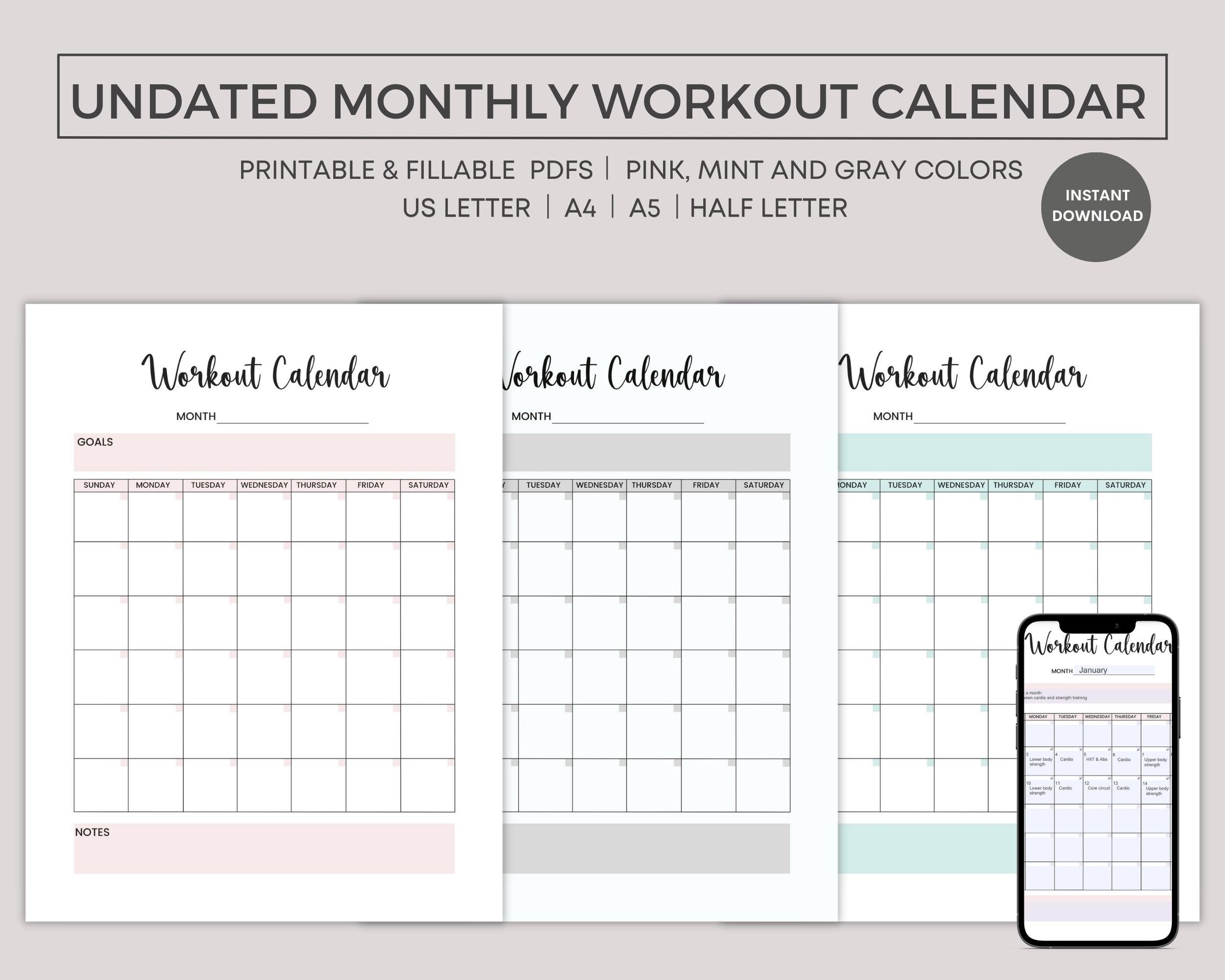 Workout Calendar Undated Printable, Fitness Calendar, Fillable PDF ...