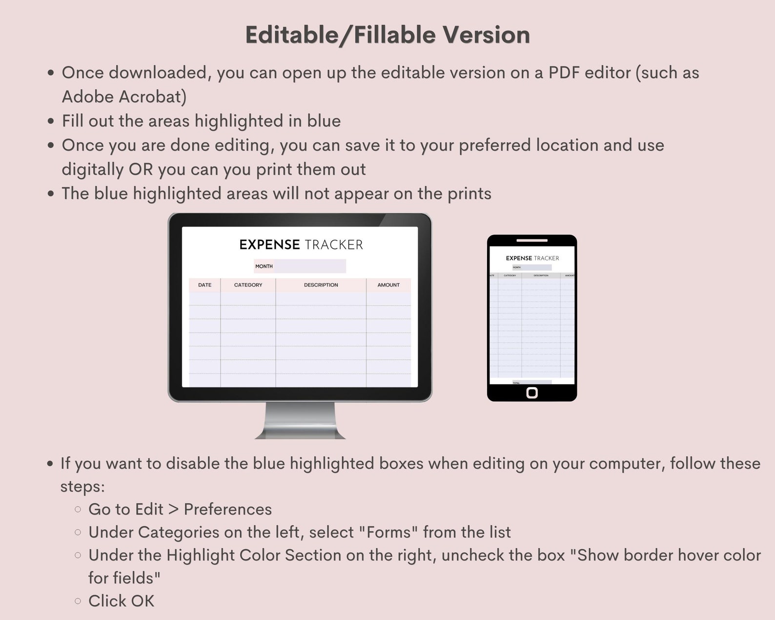 Expense Tracker Printable, Editable PDF, Expense Log, Monthly Expense ...