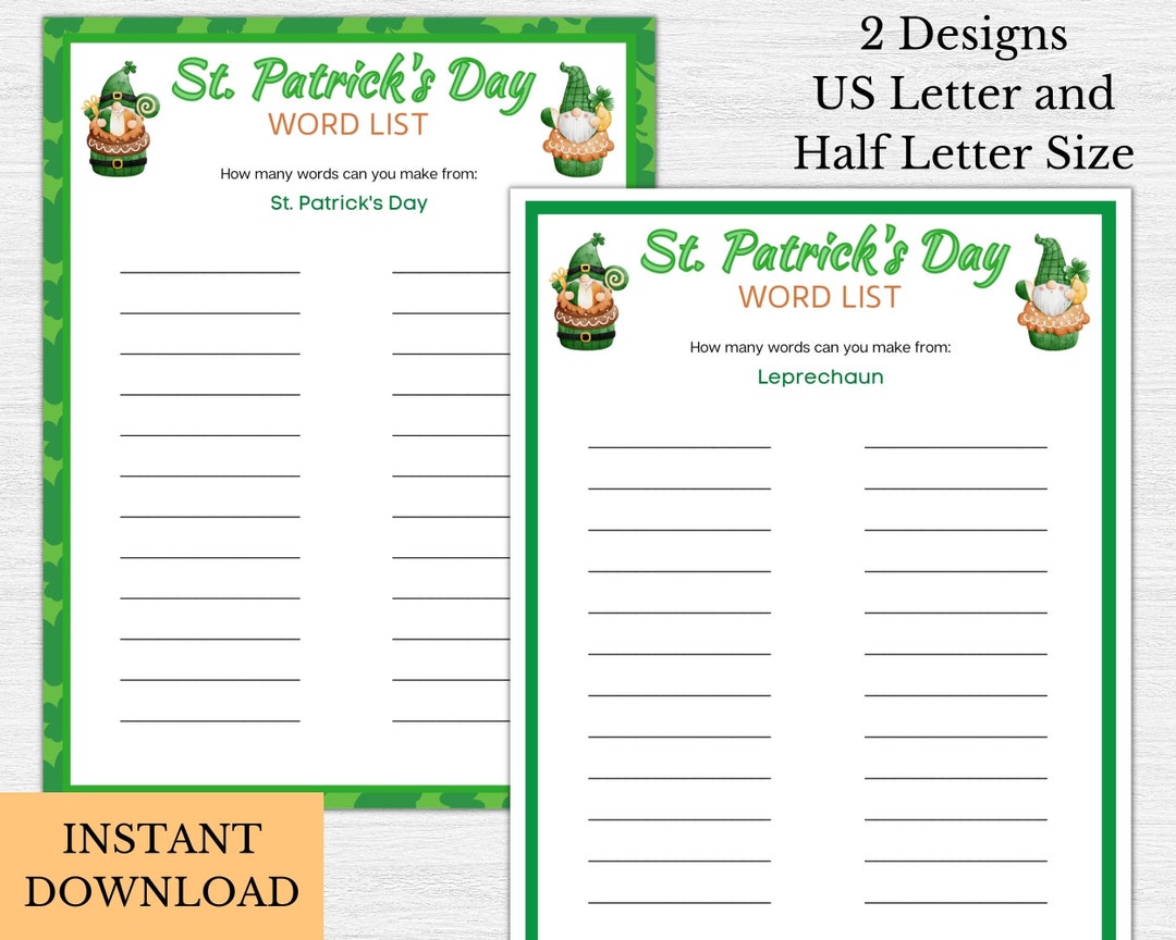 St. Patrick's Word List Printable, St. Patty's Games, St. Patrick's ...