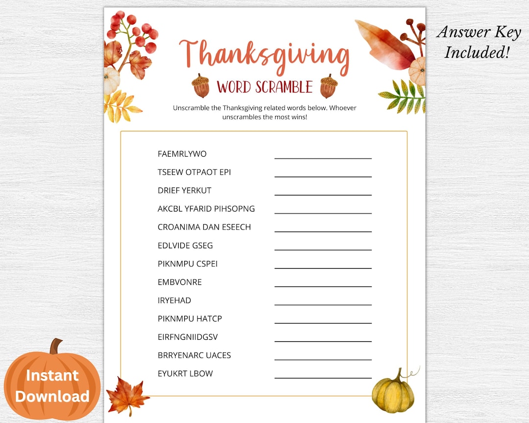 Thanksgiving Word Scramble Printable, Word Scramble Game, Thanksgiving ...