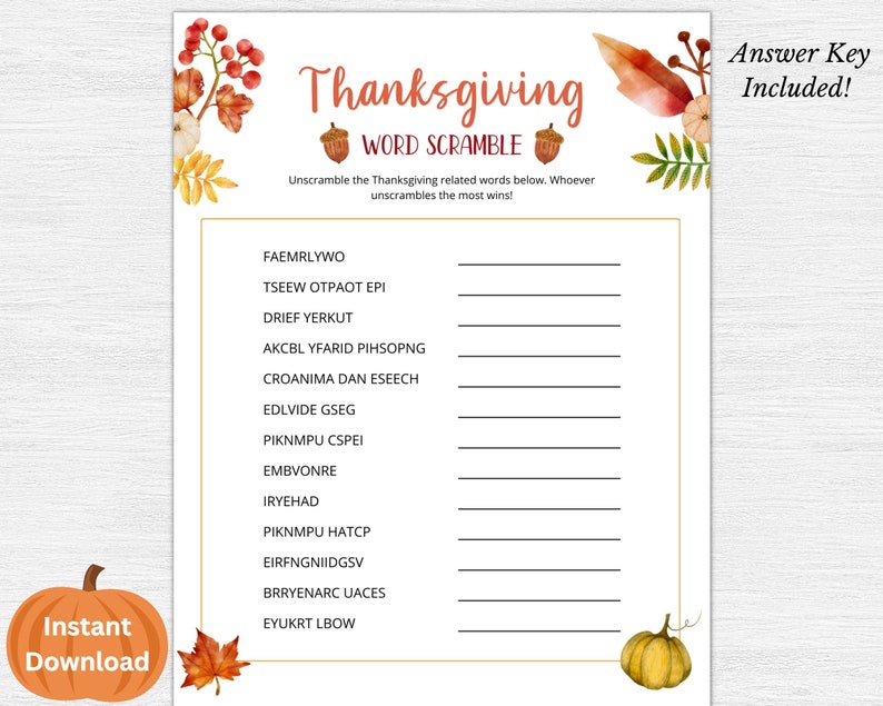 Thanksgiving Word Scramble Printable, Word Scramble Game, Thanksgiving ...