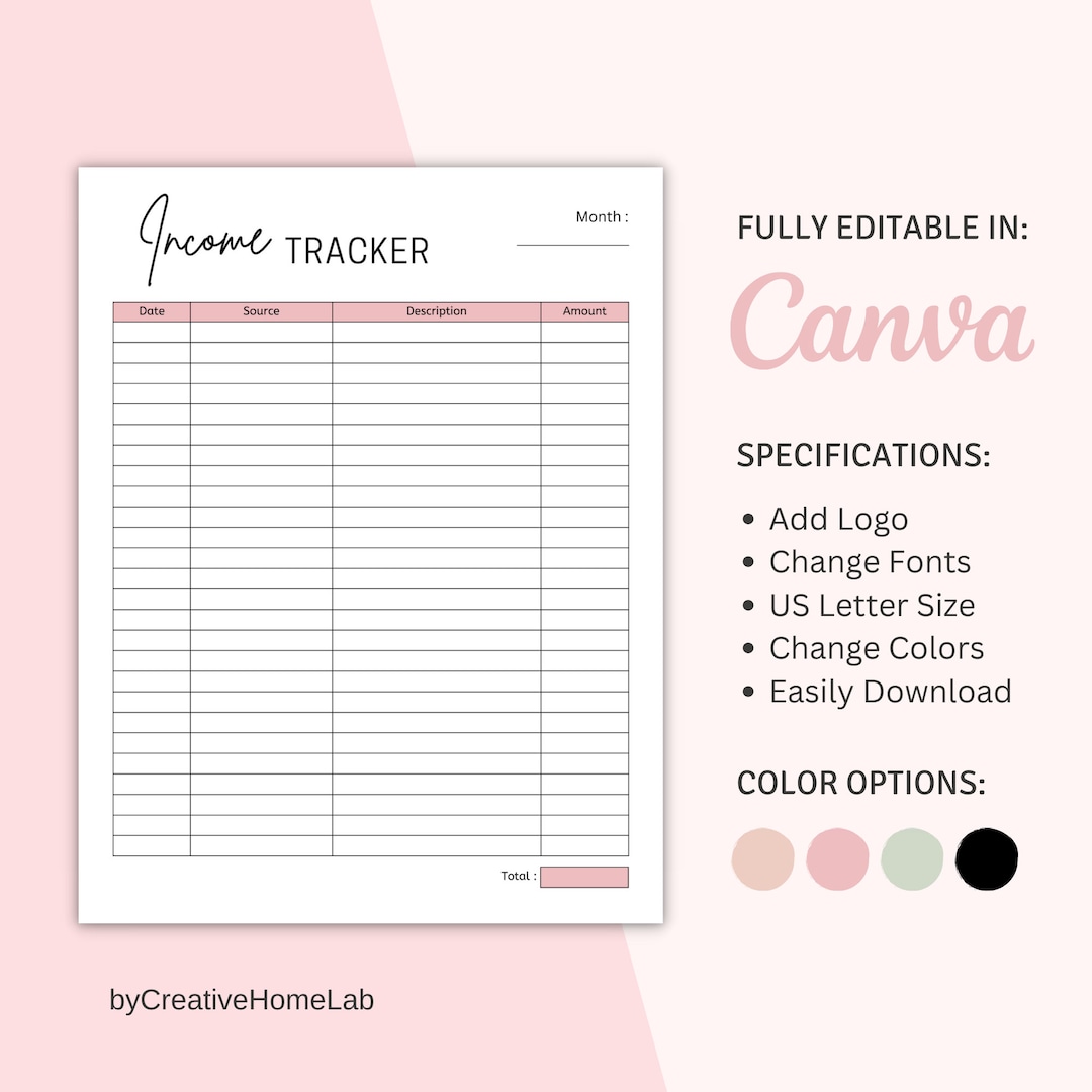 Canva Printable Income Tracker, Personal Finance Planner, Sales ...