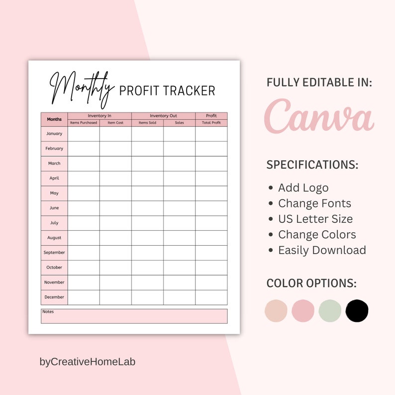 Canva Printable Monthly Profit Tracker, Earning Organizer, Monthly ...