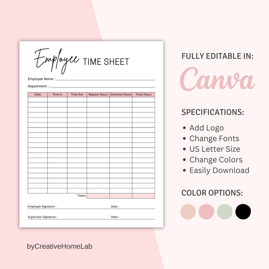Canva Printable Employee Time Sheet, Employee Work Schedule, Daily ...