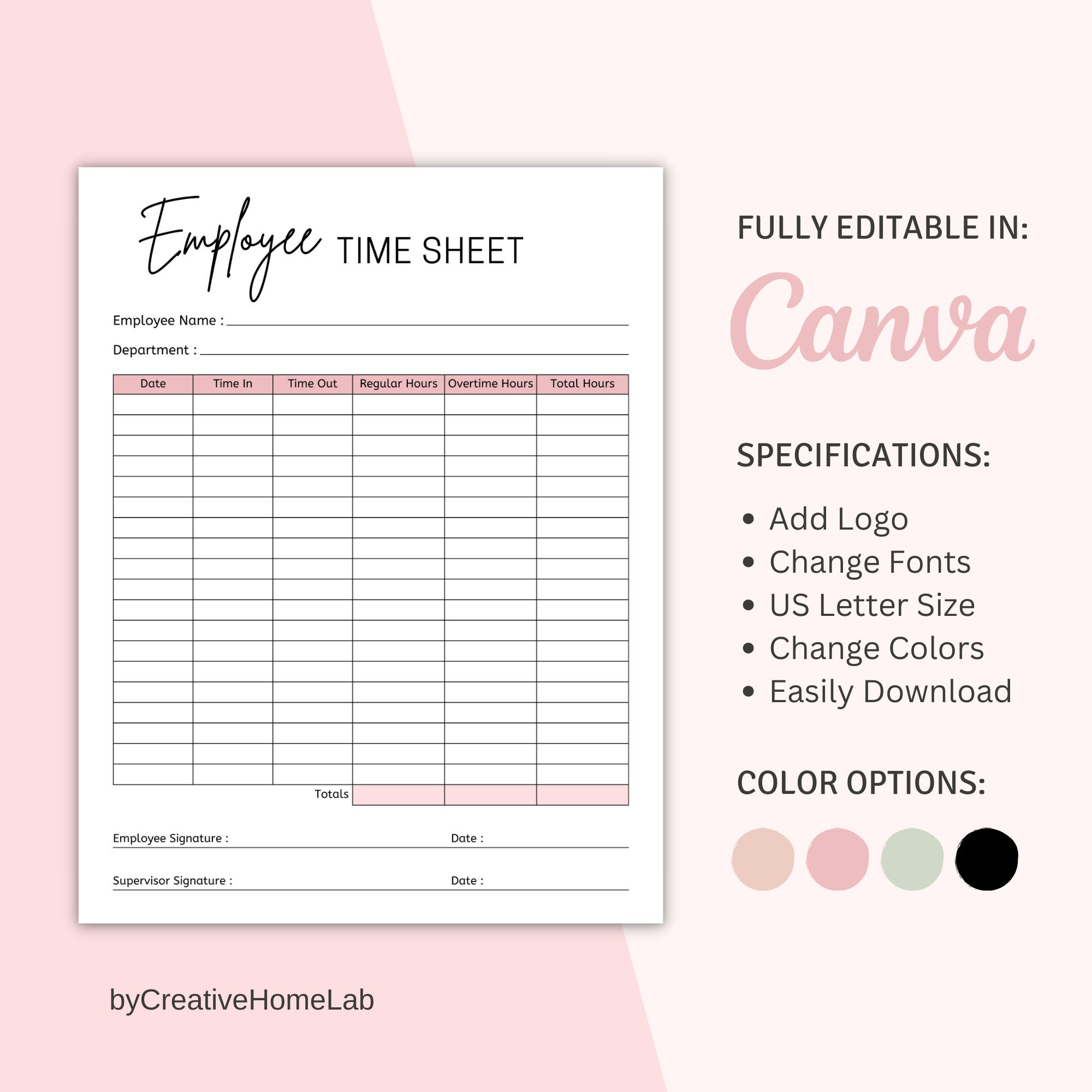Canva Printable Employee Time Sheet, Employee Work Schedule, Daily ...
