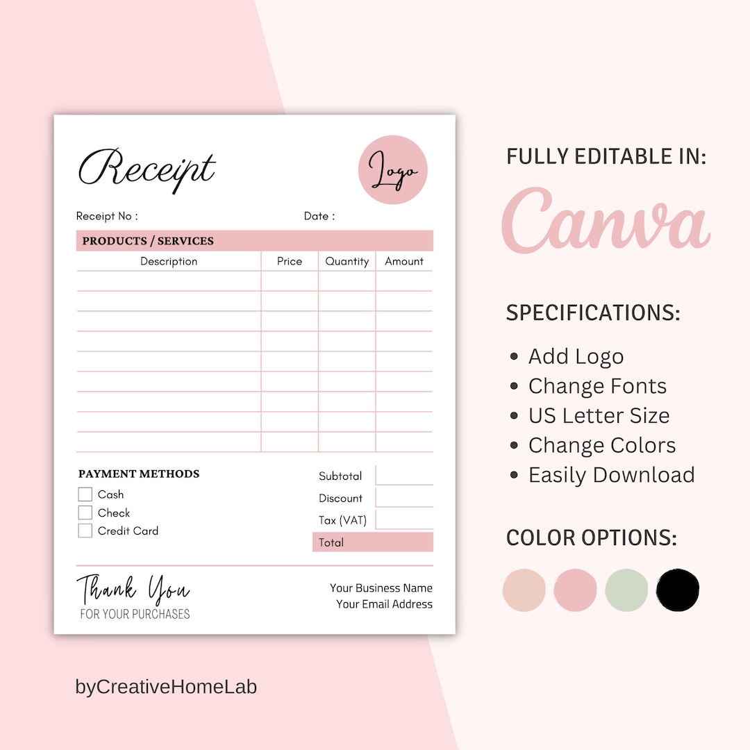 Canva Printable Receipt, Small Business Digital Receipt, Editable Sales ...