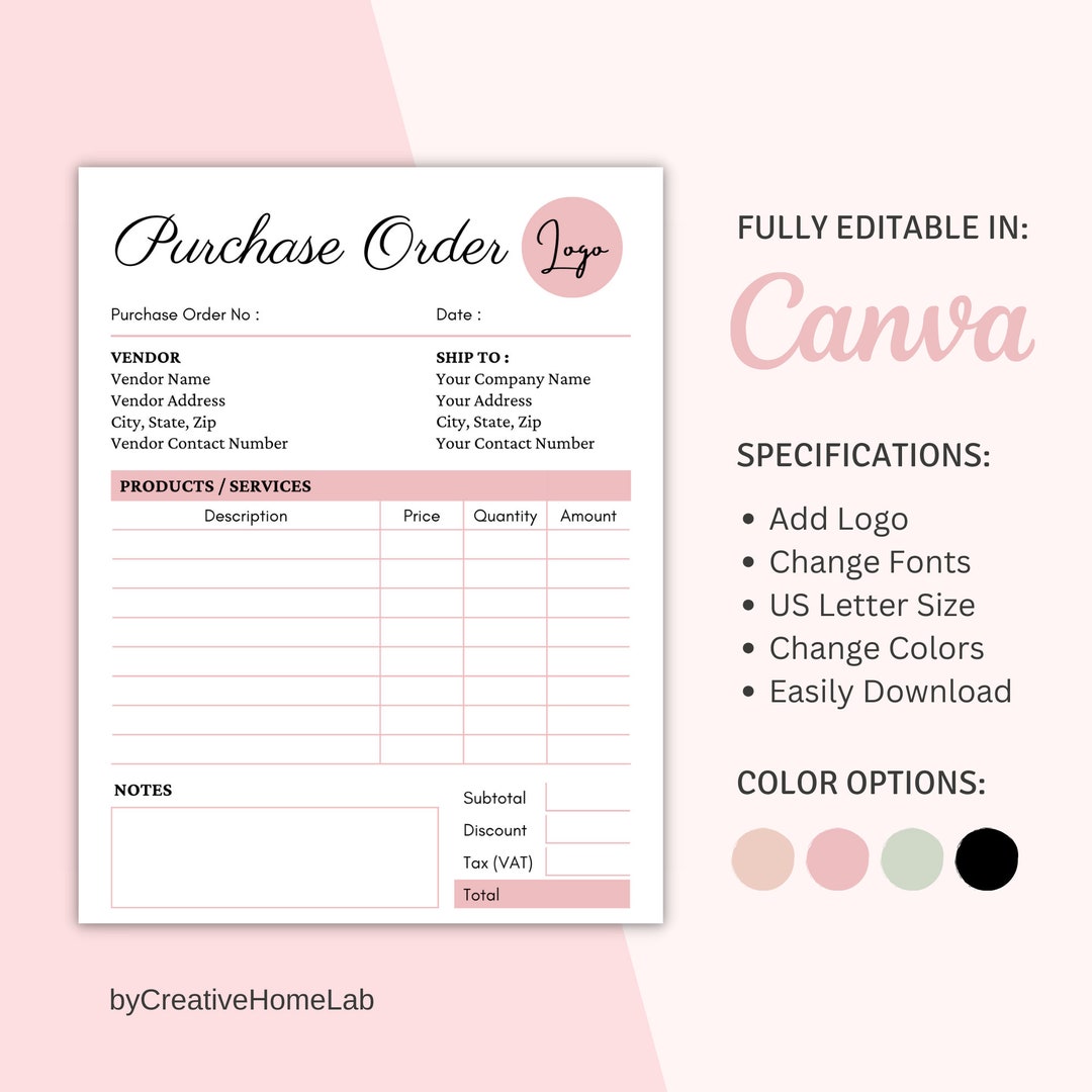 Canva Printable Purchase Order Form, Editable Business Template, Sale ...