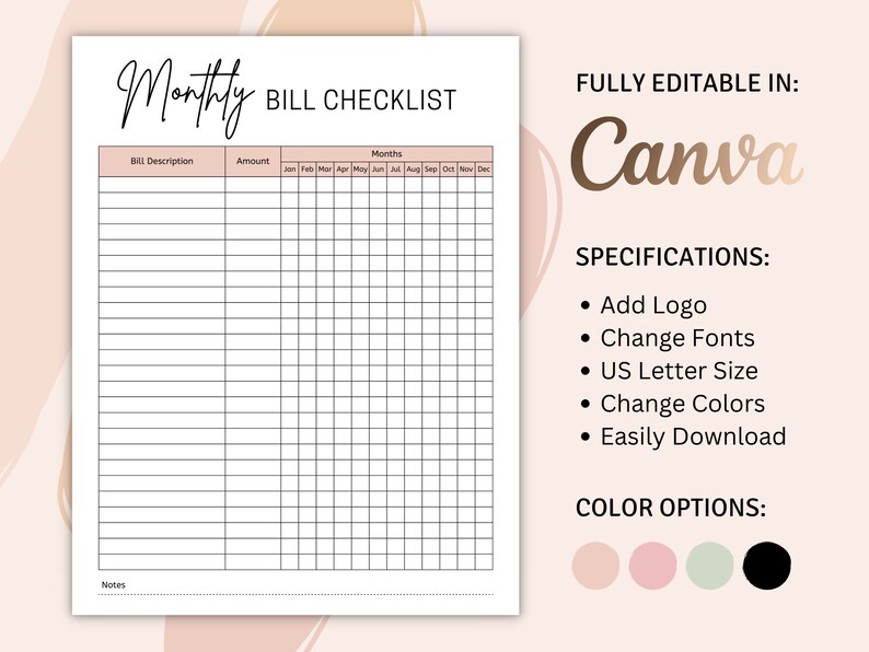 Canva Printable Monthly Bill Checklist Editable Bill Tracker - Etsy