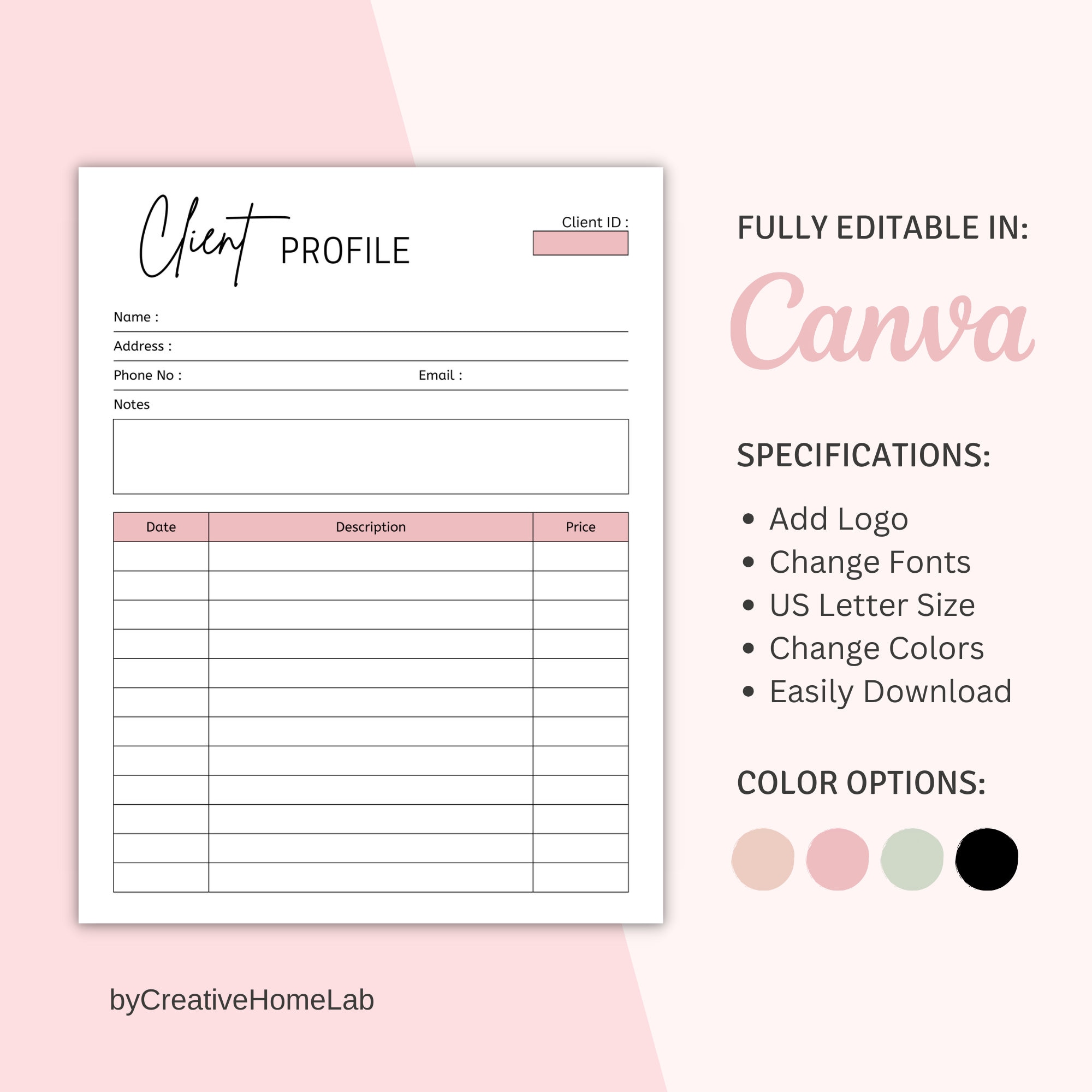 Canva Printable Client Profile, Customer Information, Client Tracker ...