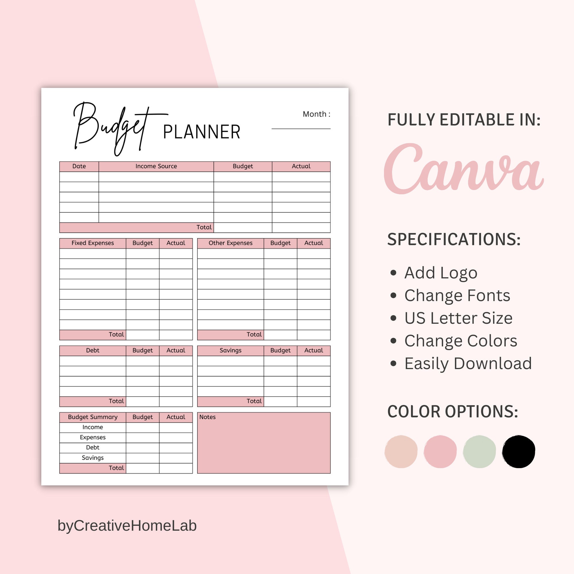 Canva Printable Budget Planner, Finance Planner Template, Monthly ...