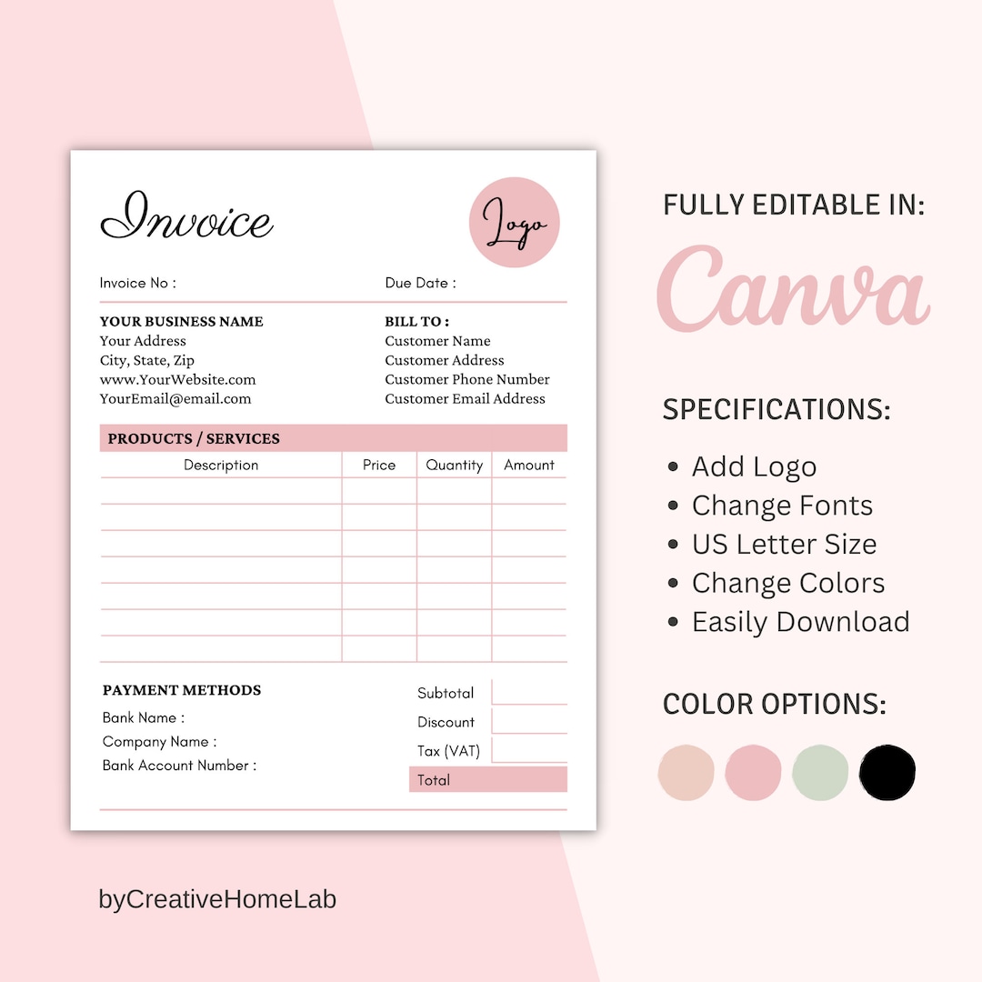 Canva Printable Invoice, Editable Invoice Template, Customer Invoice ...