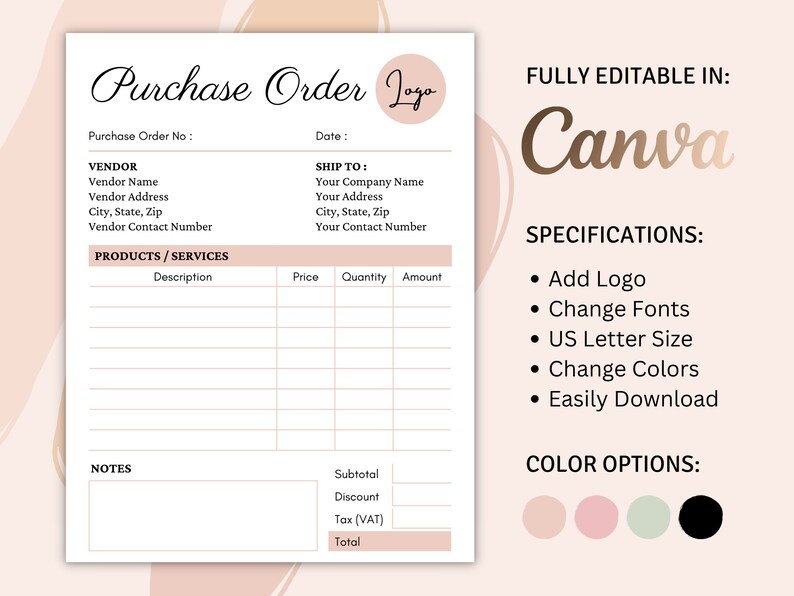 Canva Printable Purchase Order Form Editable Business - Etsy
