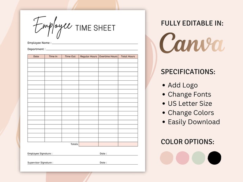 Canva Printable Employee Time Sheet Employee Work Schedule - Etsy