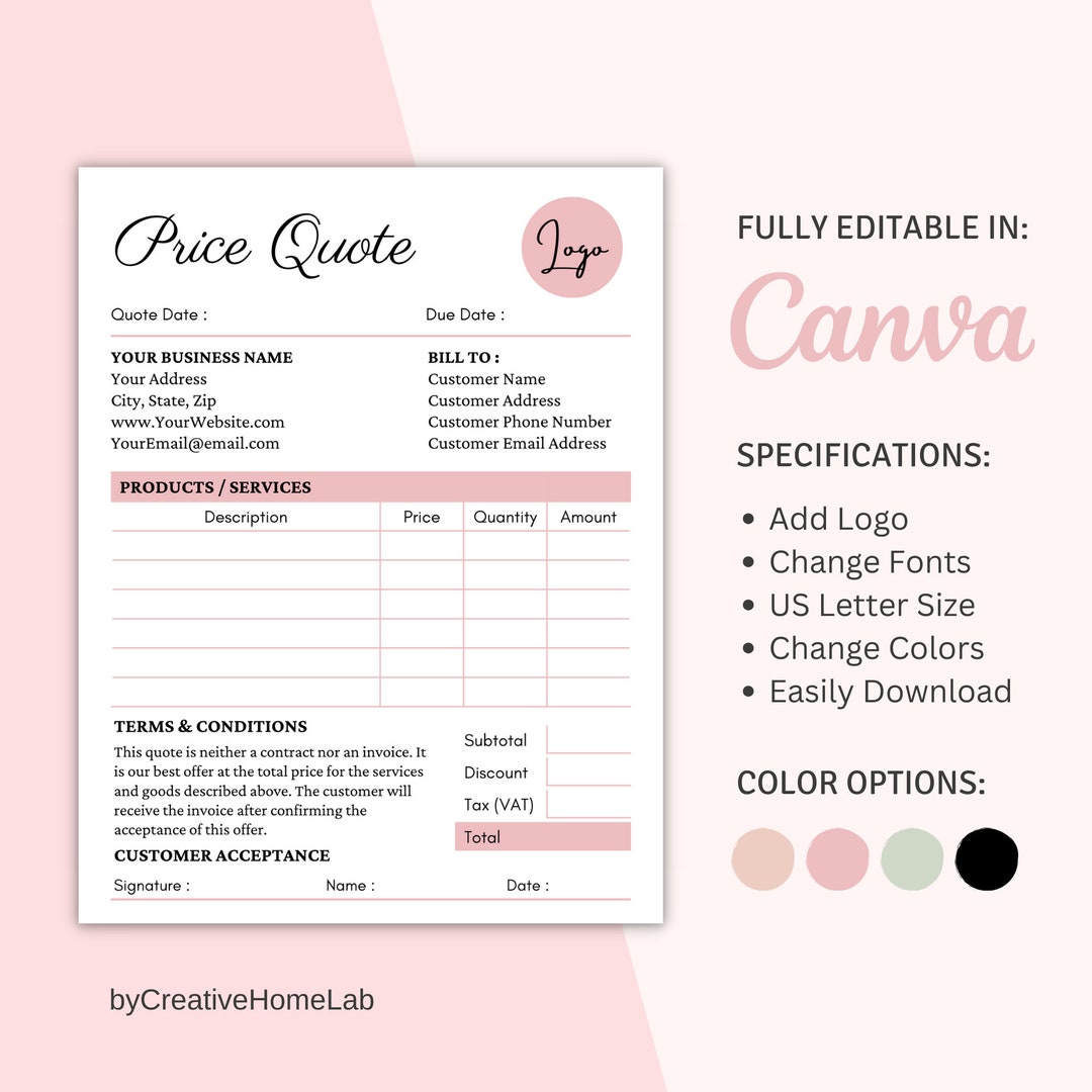 Canva Printable Price Quote, Small Business Form, Price Quote Template ...