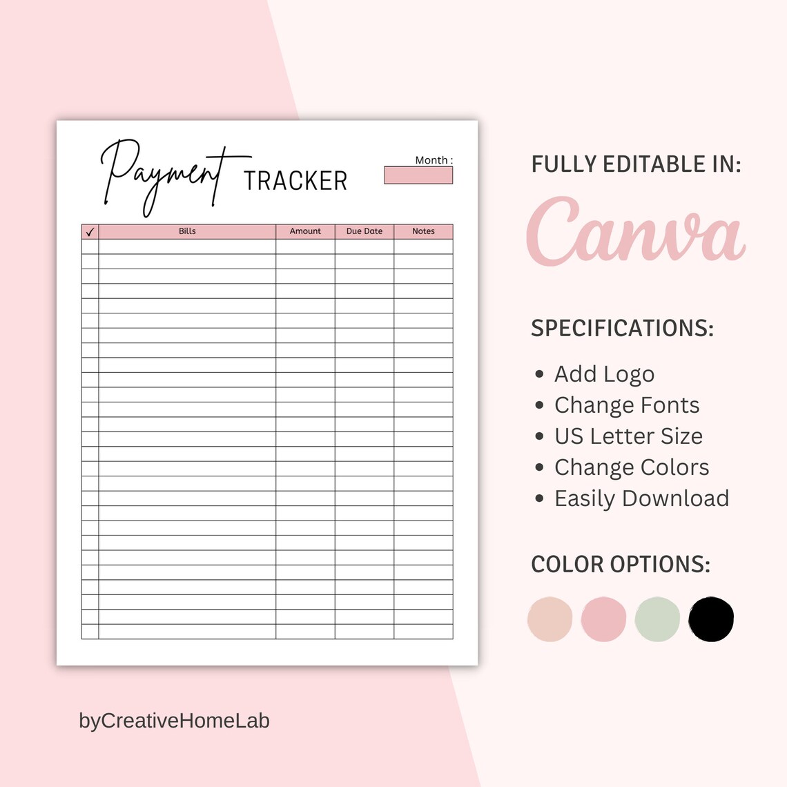 Canva Printable Payment Tracker, Monthly Bill Tracker, Bill Payment ...