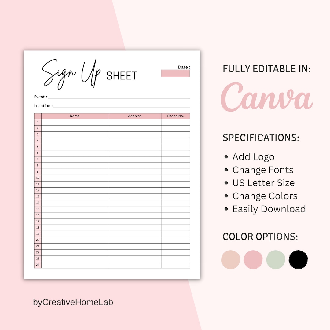 Canva Printable Sign up Sheet, Sign up Template, Event Sign up Sheet ...