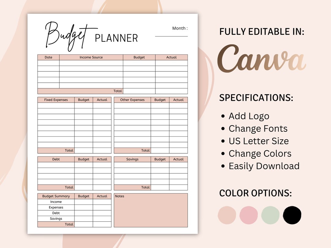 Canva Printable Budget Planner Finance Planner Template - Etsy