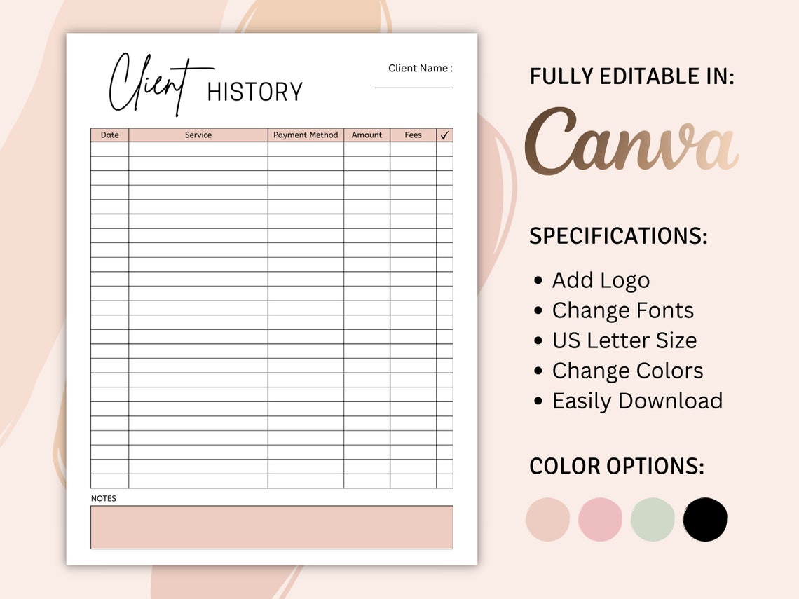 Canva Printable Client History Customer Information Sheet - Etsy