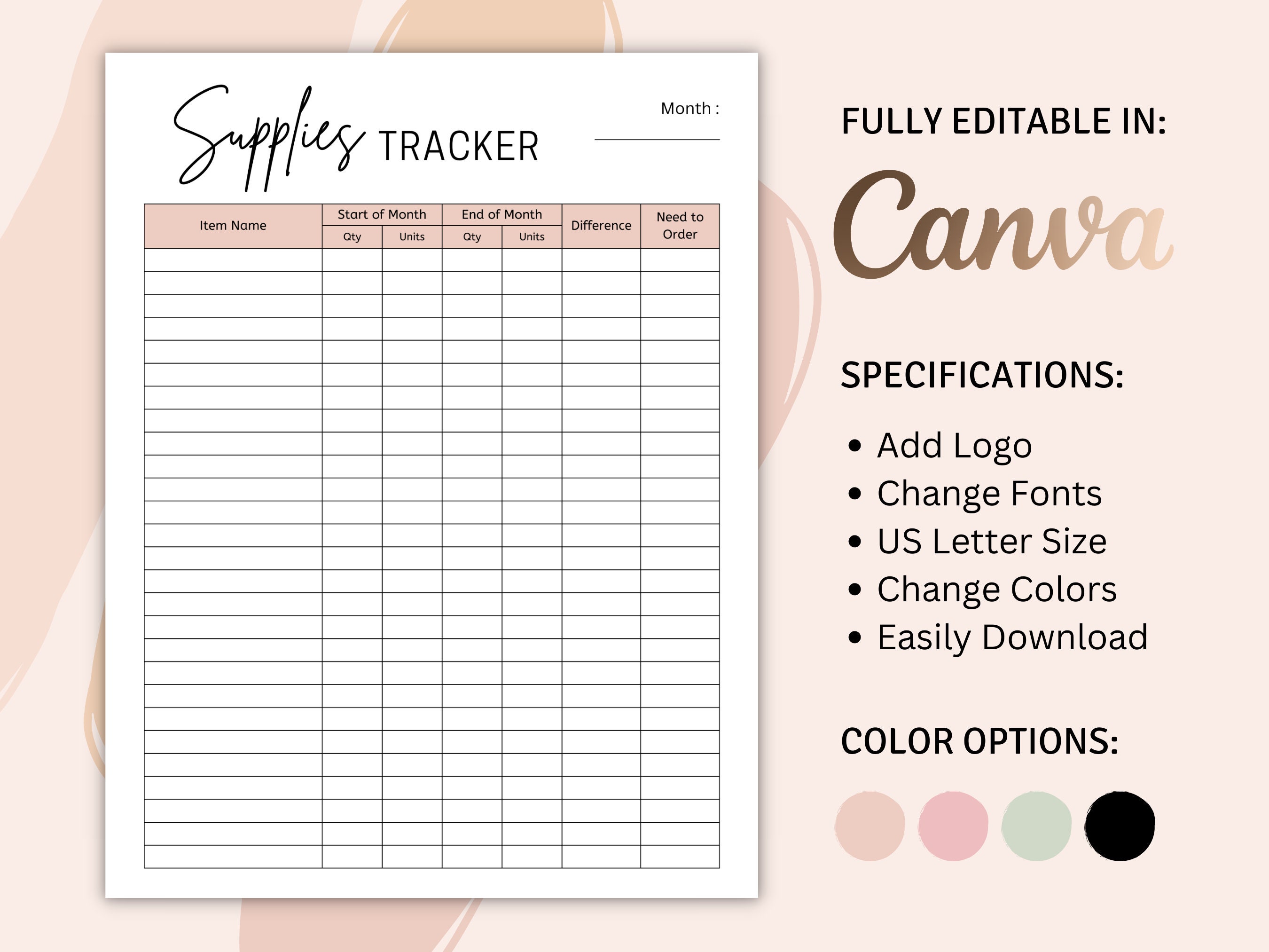 Canva Printable Supplies Tracker Editable Supplies Log - Etsy