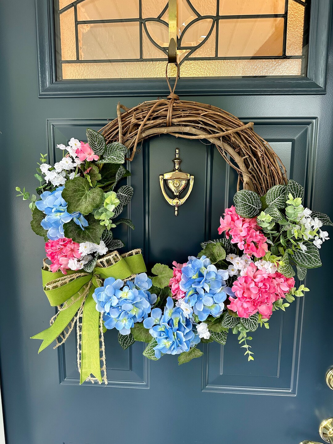 Pink Geranium Flower With Blue Hydrangea Greenery Ribbon Bow Grapevine ...