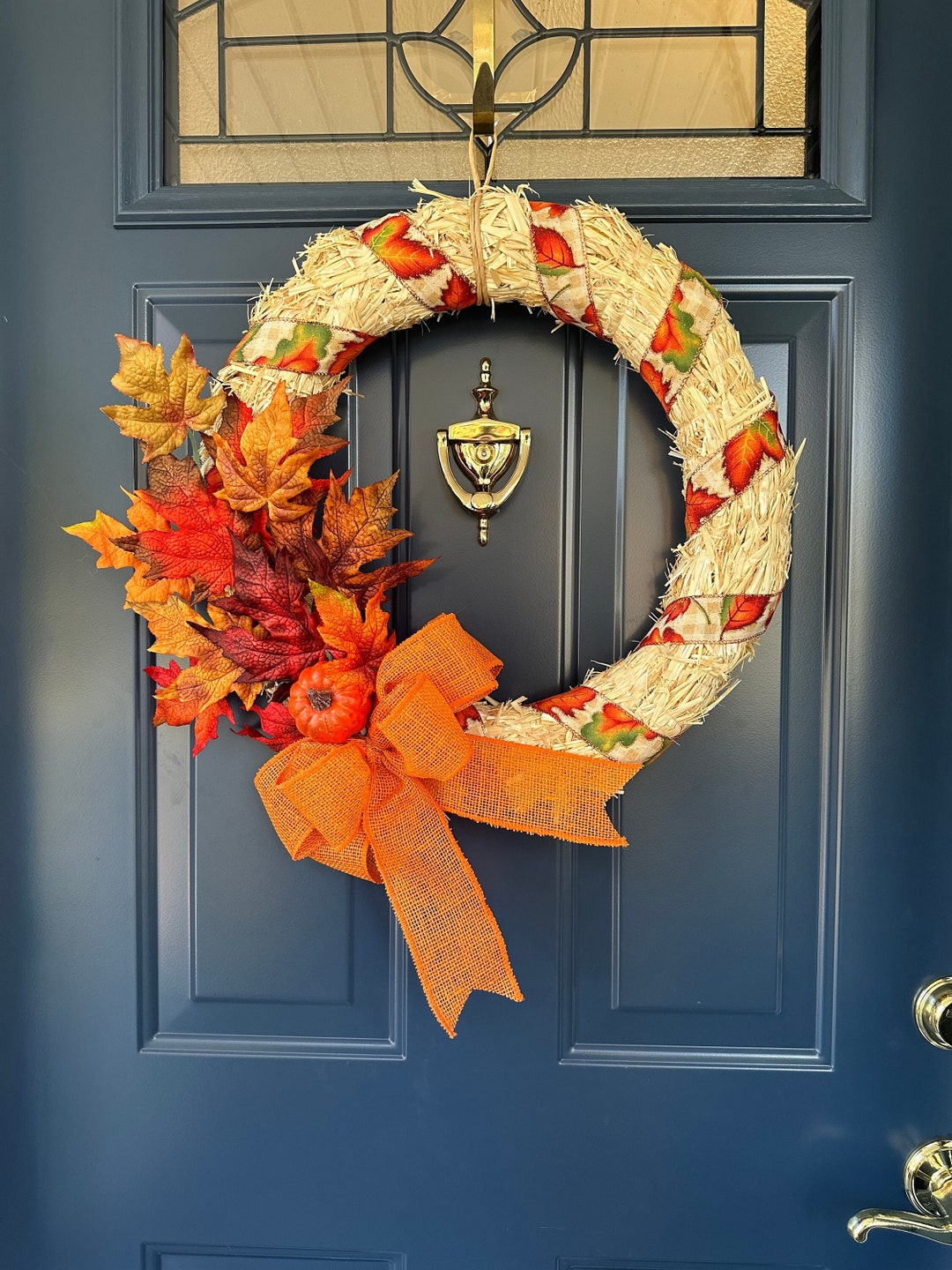 Fall Leaf & Pumpkin Straw Ribbon Bow Wreath Fairviewwreaths - Etsy