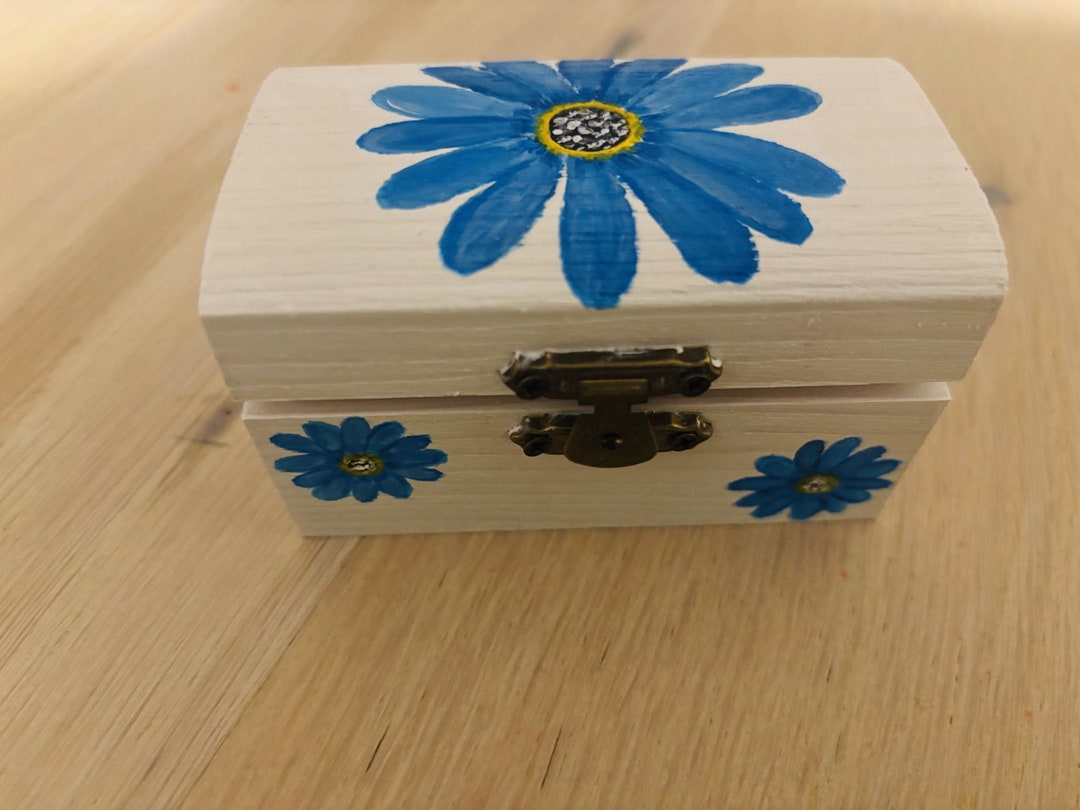 Small Hand-painted Wooden Keepsake Box With Blue Daisy Floral Motifs ...