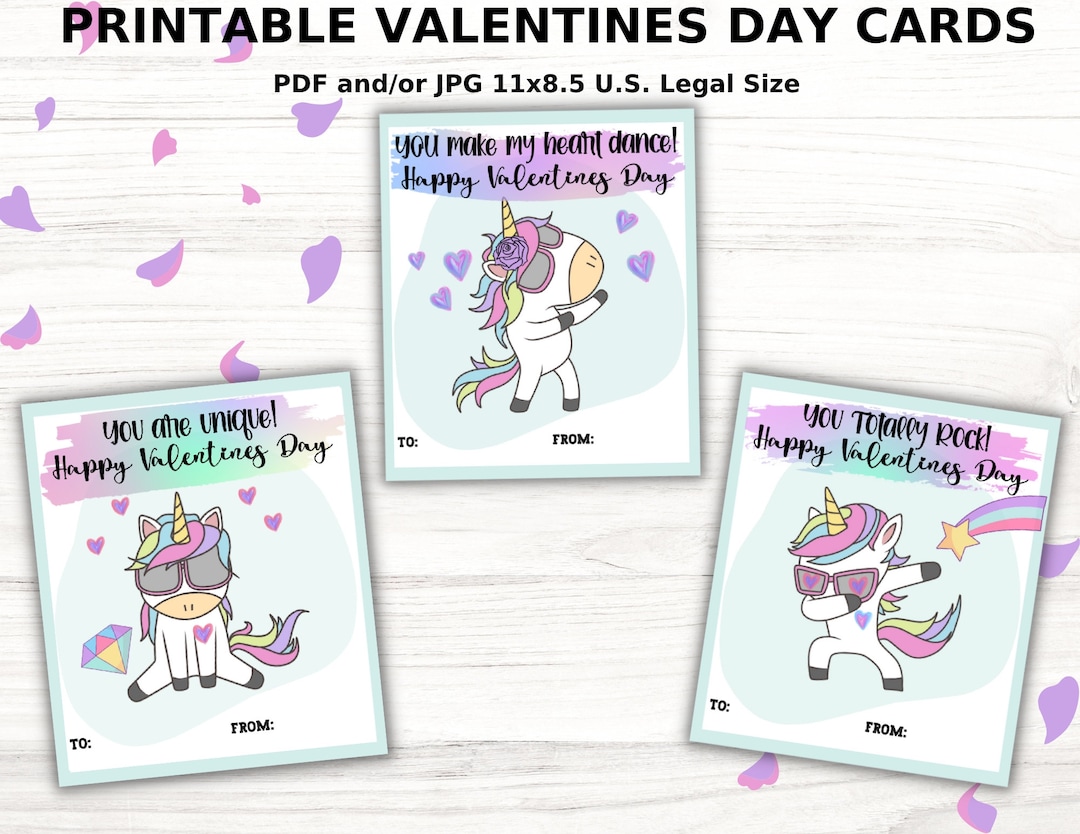 Printable Valentine Card, Unicorn Hearts Theme Valentine Card PDF, DIY ...