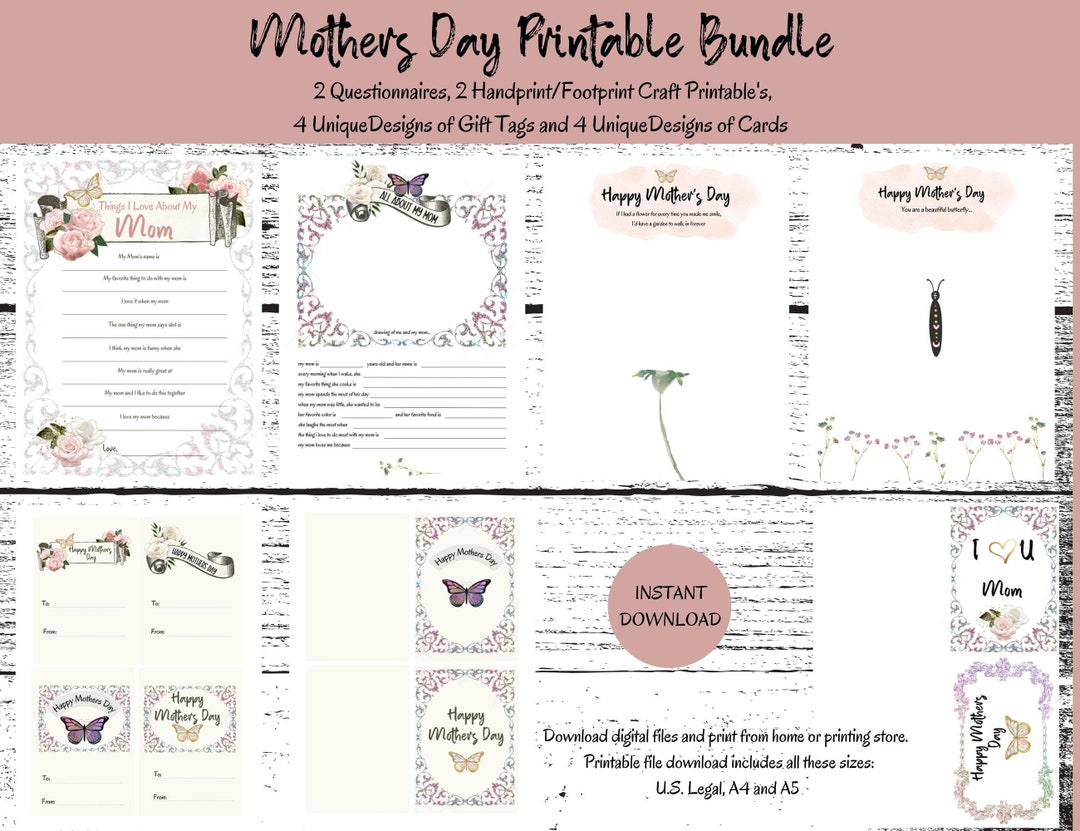 Mom Questionnaire, Printable Bundle, Cards, Tags, Mother's Day Gift ...