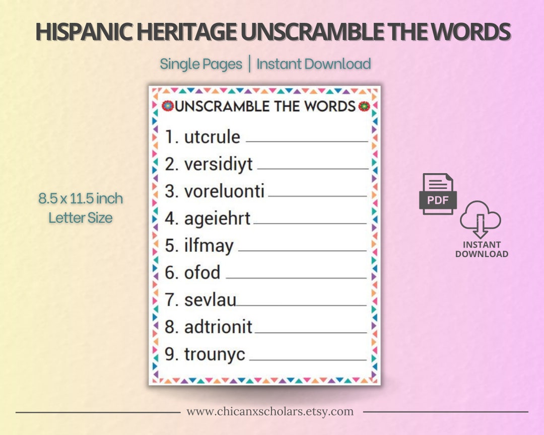 Hispanic Heritage Unscramble Worksheet | Latino History Unscramble Page ...