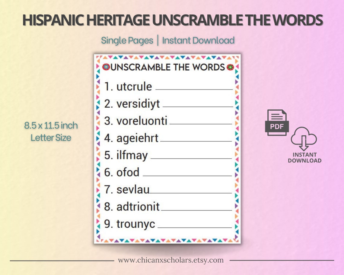 Hispanic Heritage Unscramble Worksheet | Latino History Unscramble Page ...