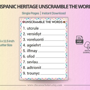 Hispanic Heritage Unscramble Worksheet | Latino History Unscramble Page ...