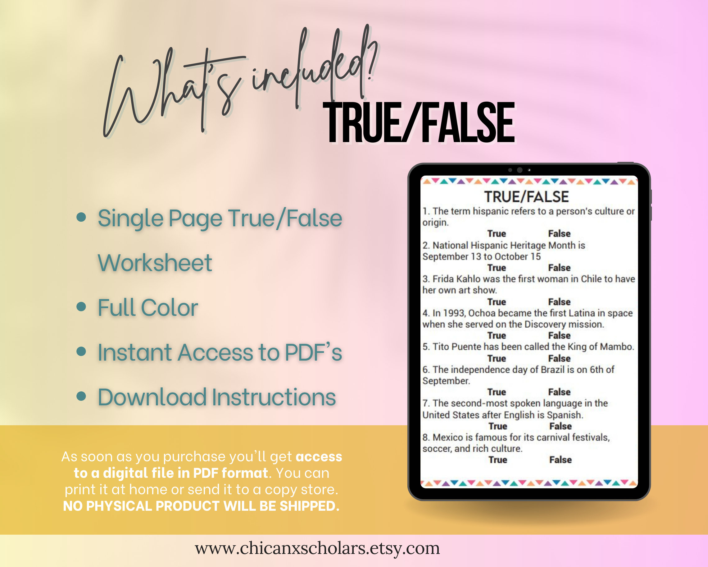Hispanic Heritage True False Worksheet | Latino History True False ...